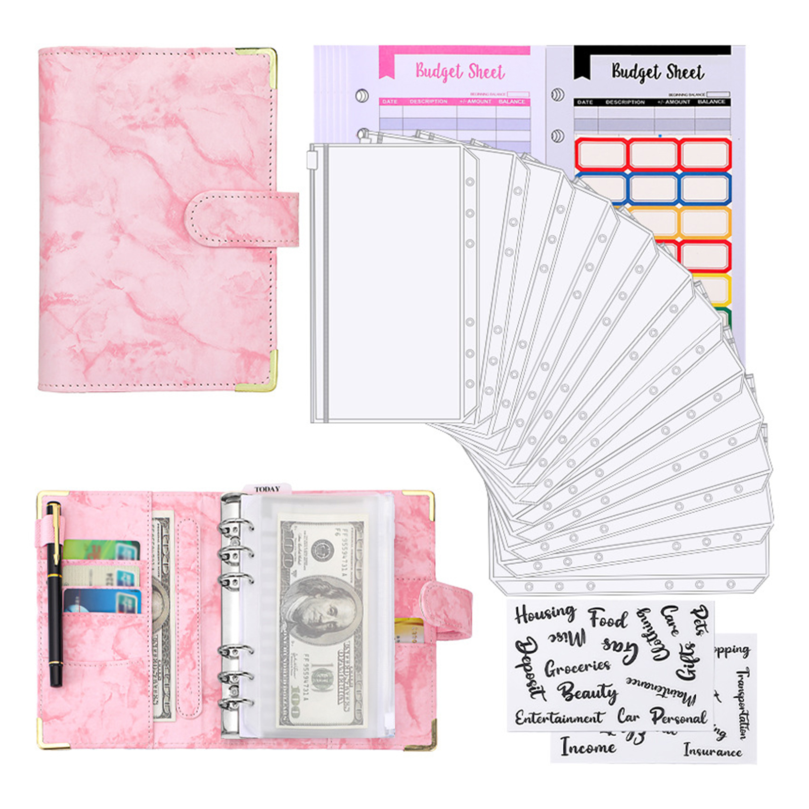 Папка для бюджета A6 с обложкой из ПУ кожи с мраморным узором, зип-конвертами, наклейками-ярлыками, линейкой, используемая в качестве системы организации денег, планера для сбережений денег, карт, подарка на день рождения для друзей, цвет: Серый, Черный,