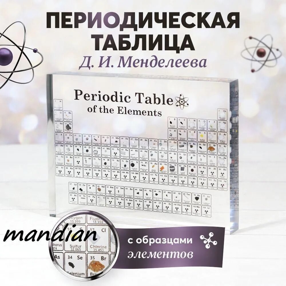 Акриловая периодическая таблица Менделеева с образцами элементов