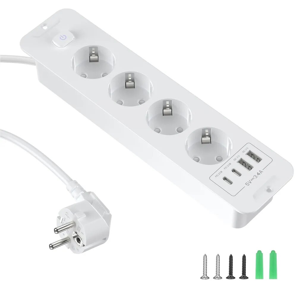 HITRENDS Встраиваемый удлинитель с 4 розетками и 2 USB + 2 Type-C (быстрая зарядка), выключатели, 4000W 16A 250V, огнестойкий, кабель 2 м