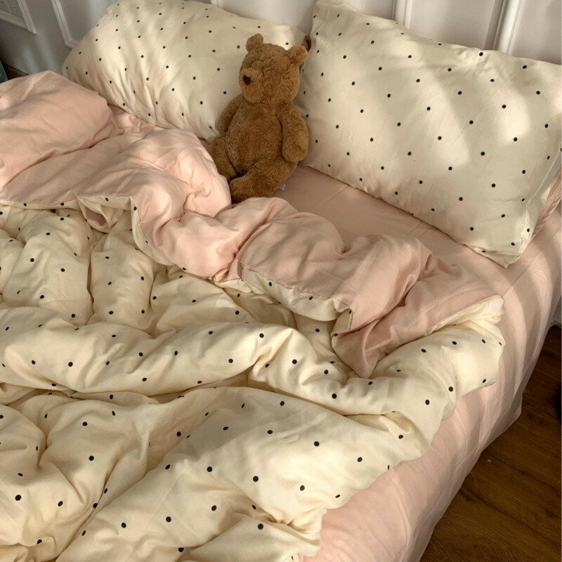 Кремовый комплект из четырех предметов из хлопка в горошек, мягкий и приятный для кожи, пододеяльник, комплект постельного белья для студенческого общежития из трех предметов