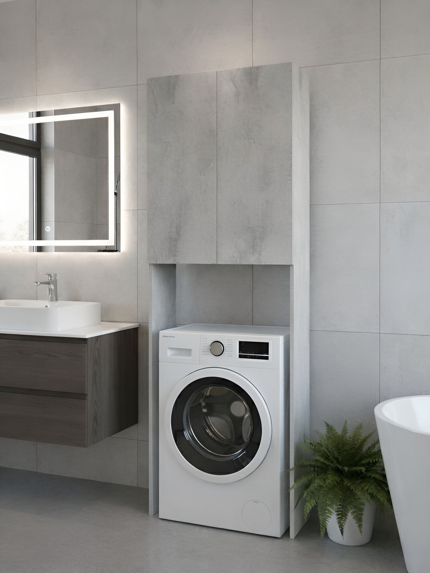 Шкаф над стиральной машиной в ванную "Лумо", цемент, 64х23х187 см