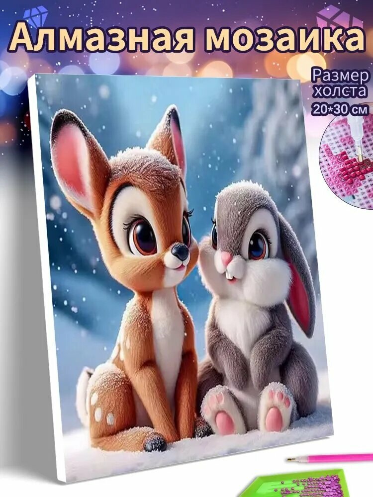 Алмазная мозаика холст на подрамнике 20x30 "Мультяшный кролик и белка" / алмазная вышивка