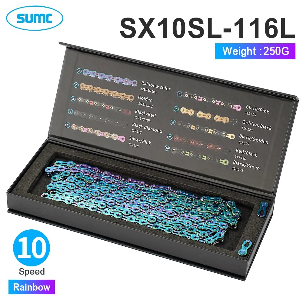 SUMC Велосипедная цепь 9 10 11 12 скоростей 9s 10s 11s 12s Титановая сверхлегкая цепь MTB для горного шоссейного велосипеда Золотая Радужная велосипедная цепь