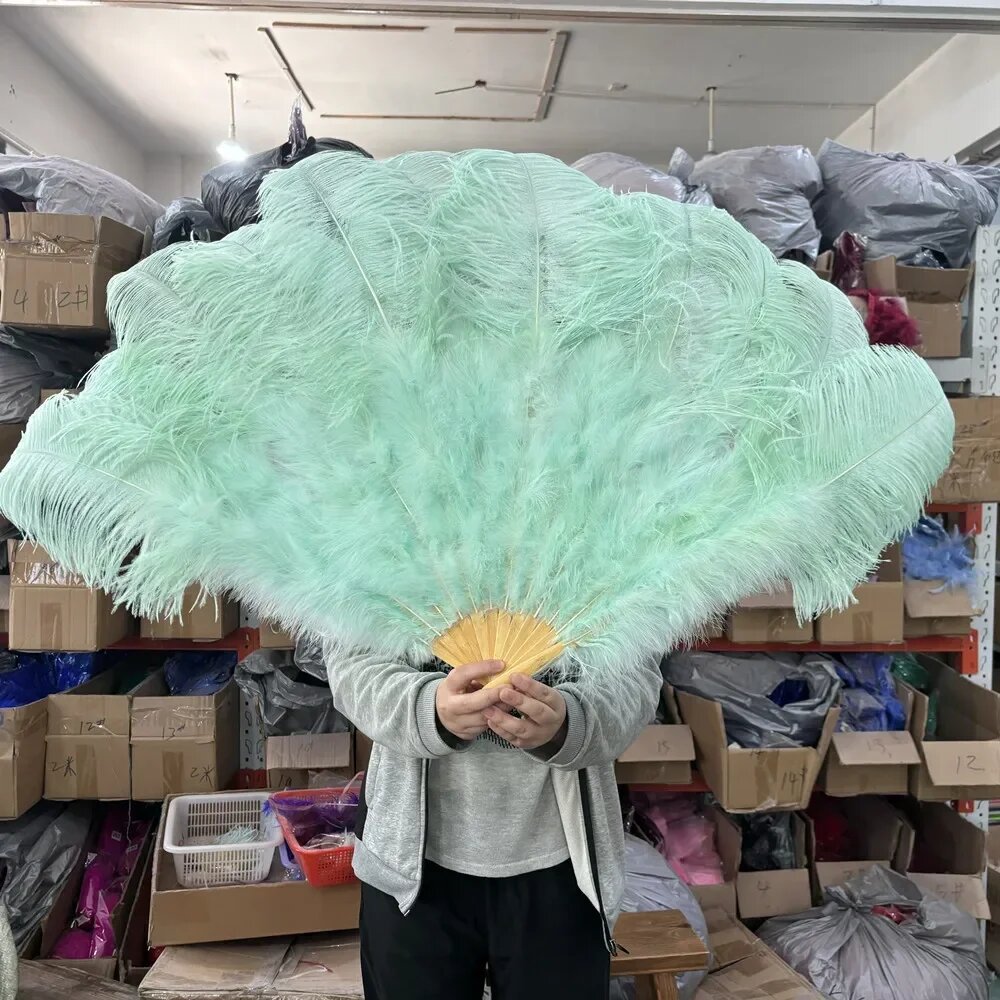 Складные розовые веера из страусиных перьев Зеленый, Mint Green, 100CM 1PCS Right