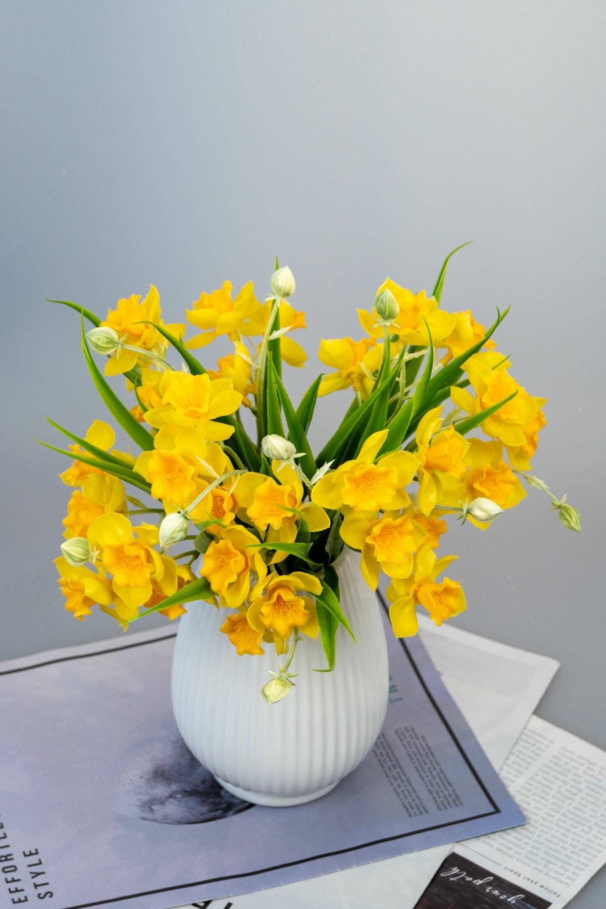 Искусственные цветы Букет нарцисс силикон желтый 30 голов 10 веток 37см 2 букета