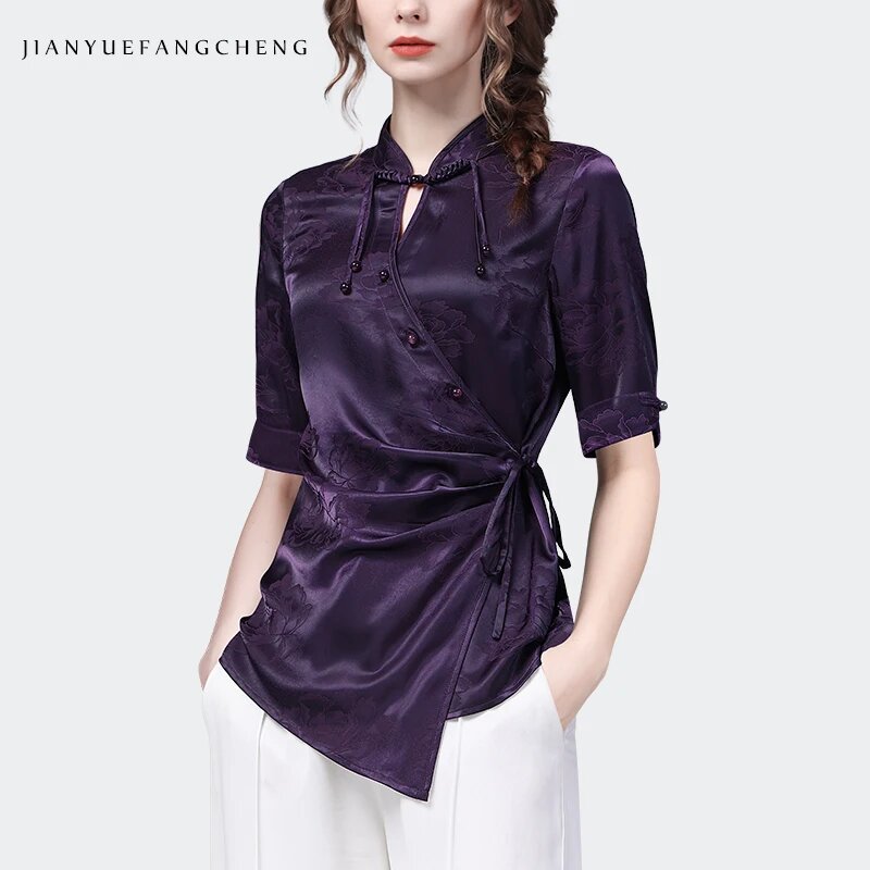 Женская атласная блузка Jianyuefangcheng фиолетовая с цветочным принтом