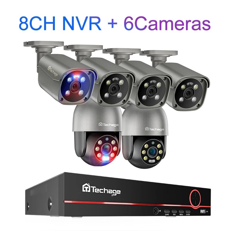 Система камер Techage 8CH 4K UHD 8MP PTZ POE для улицы с искусственным интеллектом для обнаружения людей, двухсторонним разговором, видеонаблюдением CCTV, набором NVR H.265