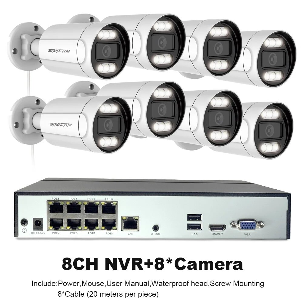 Система безопасности IP PoE камер 4K 8CH с проводным внешним и внутренним наблюдением с цветным ночным видением, двухсторонним аудио, 4/6/8 шт. видеокамер CCTV