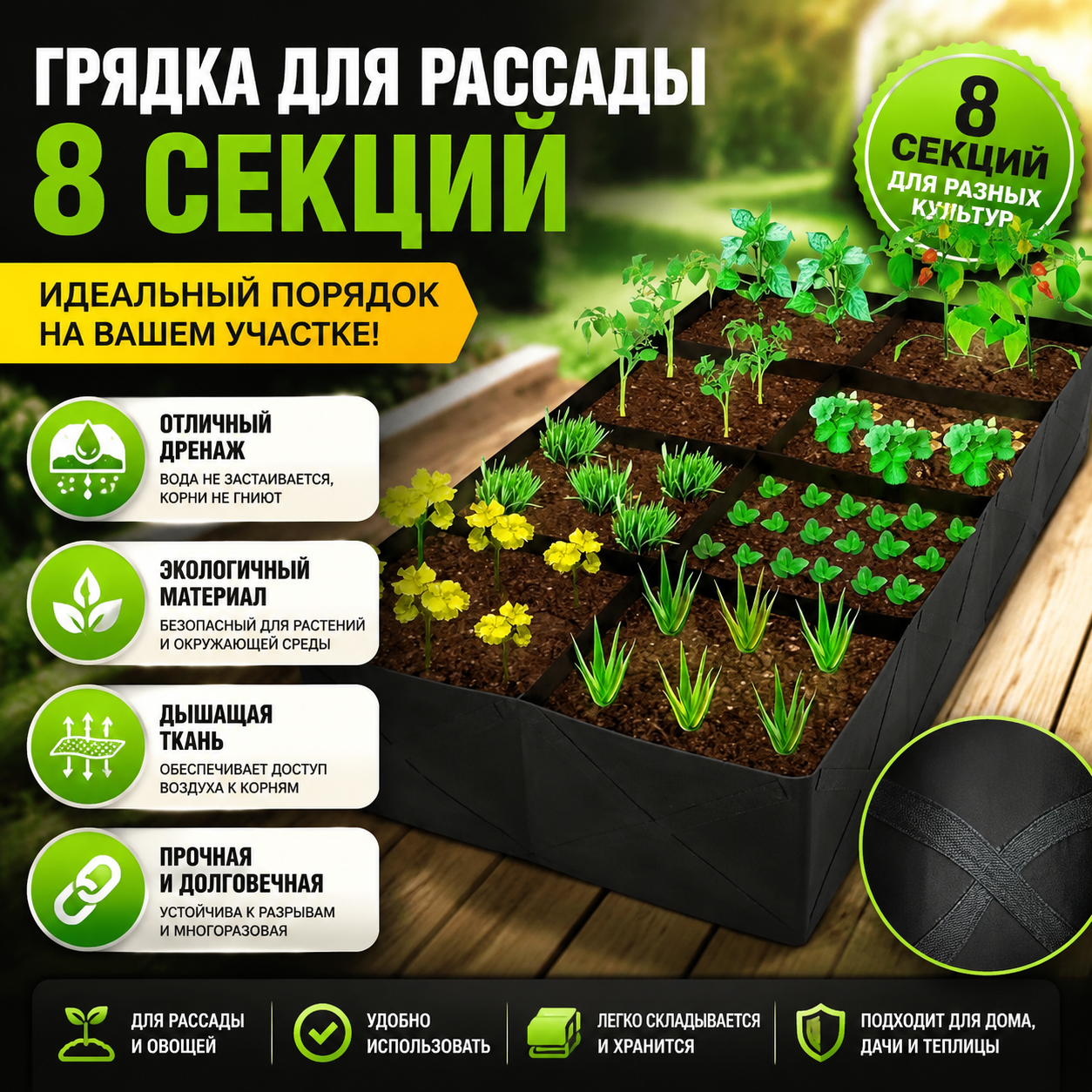Грядка тканевая 8 секций 180x90x30 см для огорода и дачи, мешок для рассады, контейнер для выращивания растений.1 шт