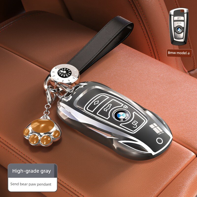 Чехол для ключа BMW A-стиль темно-серый с кожаным шнуром и медвежьей лапой подходит для моделей 3,5, X3, X5, X1, X2, X4, X6