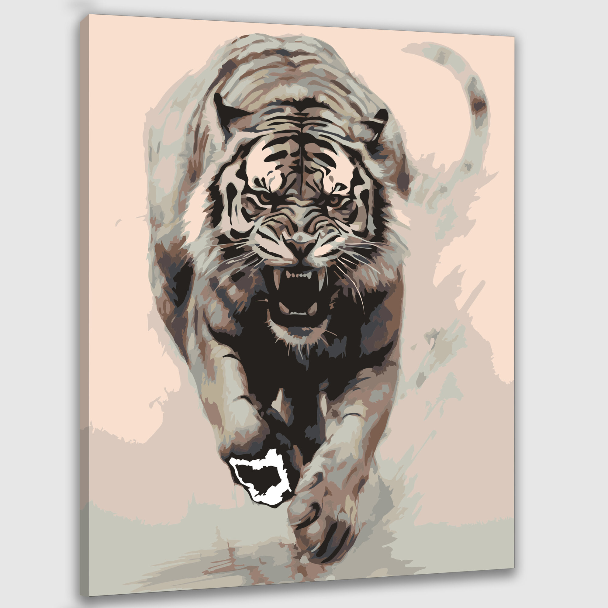 Картина по номерам 40x50 см, тигр, уголь, прыжок, мышцы, напряжение, удар, детали, интенсивность, мощь, хищник