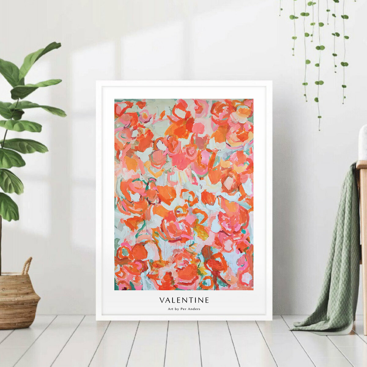 Постер "Абстракция красные цветы" 40x50 в белой рамке на стену для интерьера