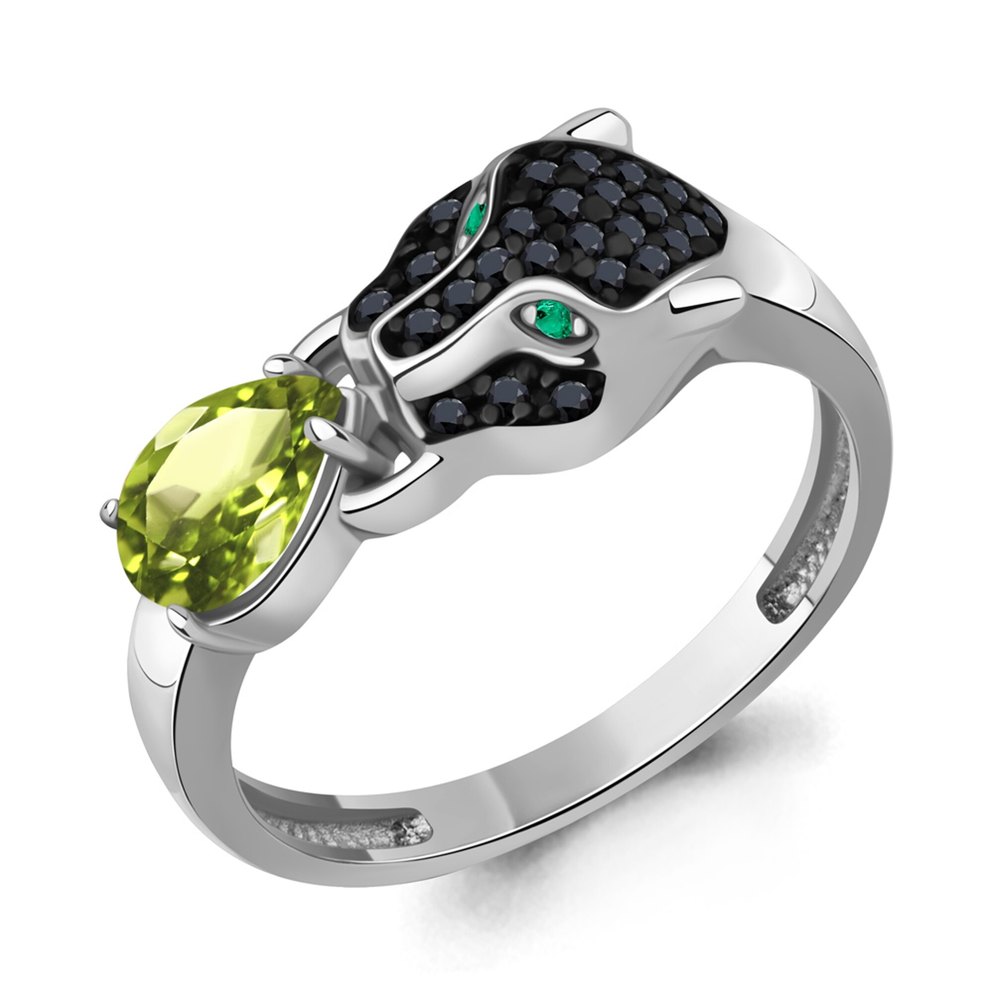 Кольцо, серебро, 925 проба, родирование, изумруд синтетический, кристалл, хризолит