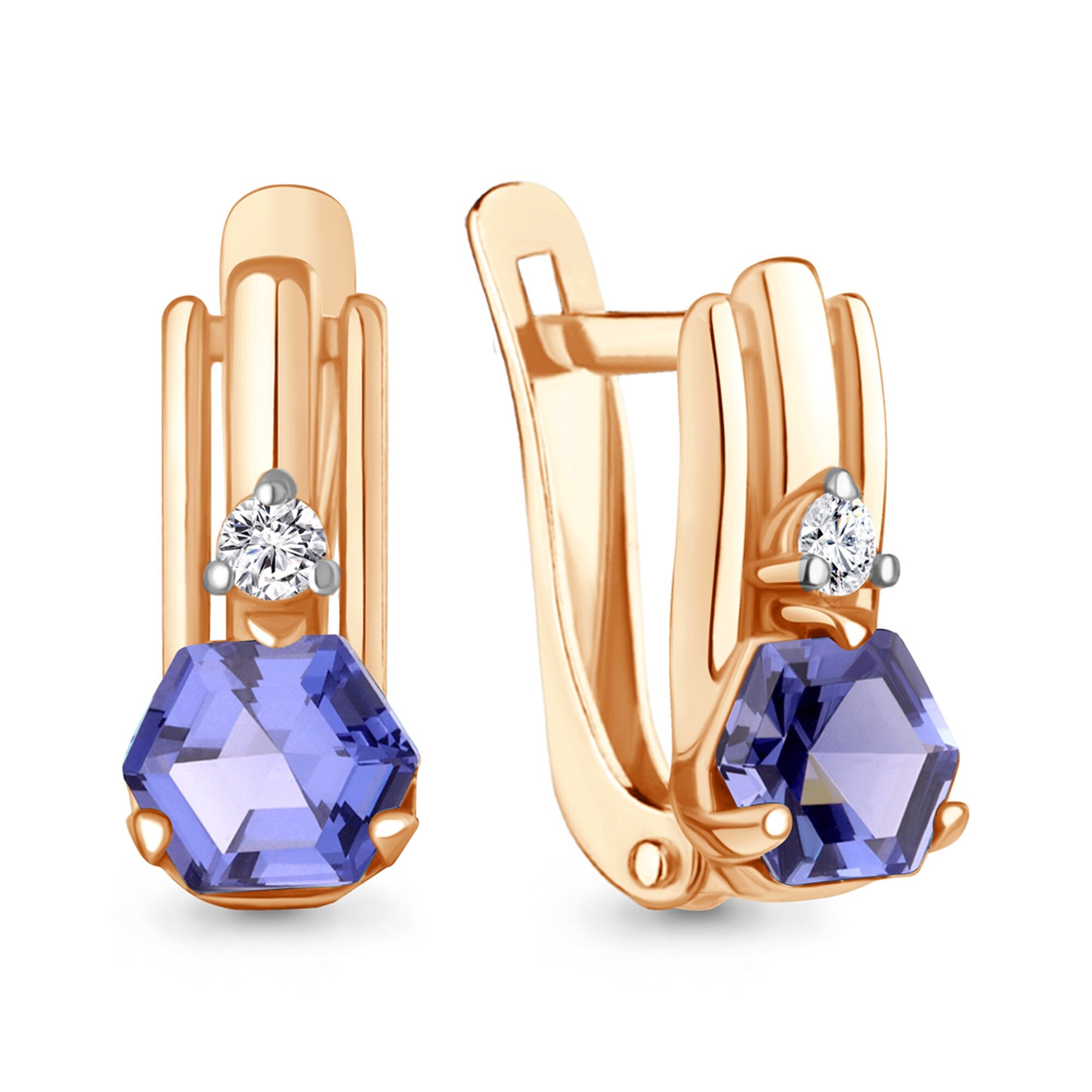 Серьги, серебро, 925 проба, золочение, танзанит, фианит