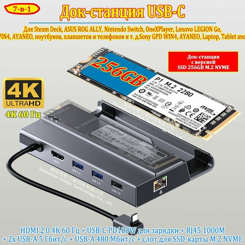Док-станция M2 SSD NVME HUB USB-C HDMI 4K 60HZ для Steam Deck ASUS ROG ALLY Nintendo Switch Legion Go GPD WIN4 AYANEO