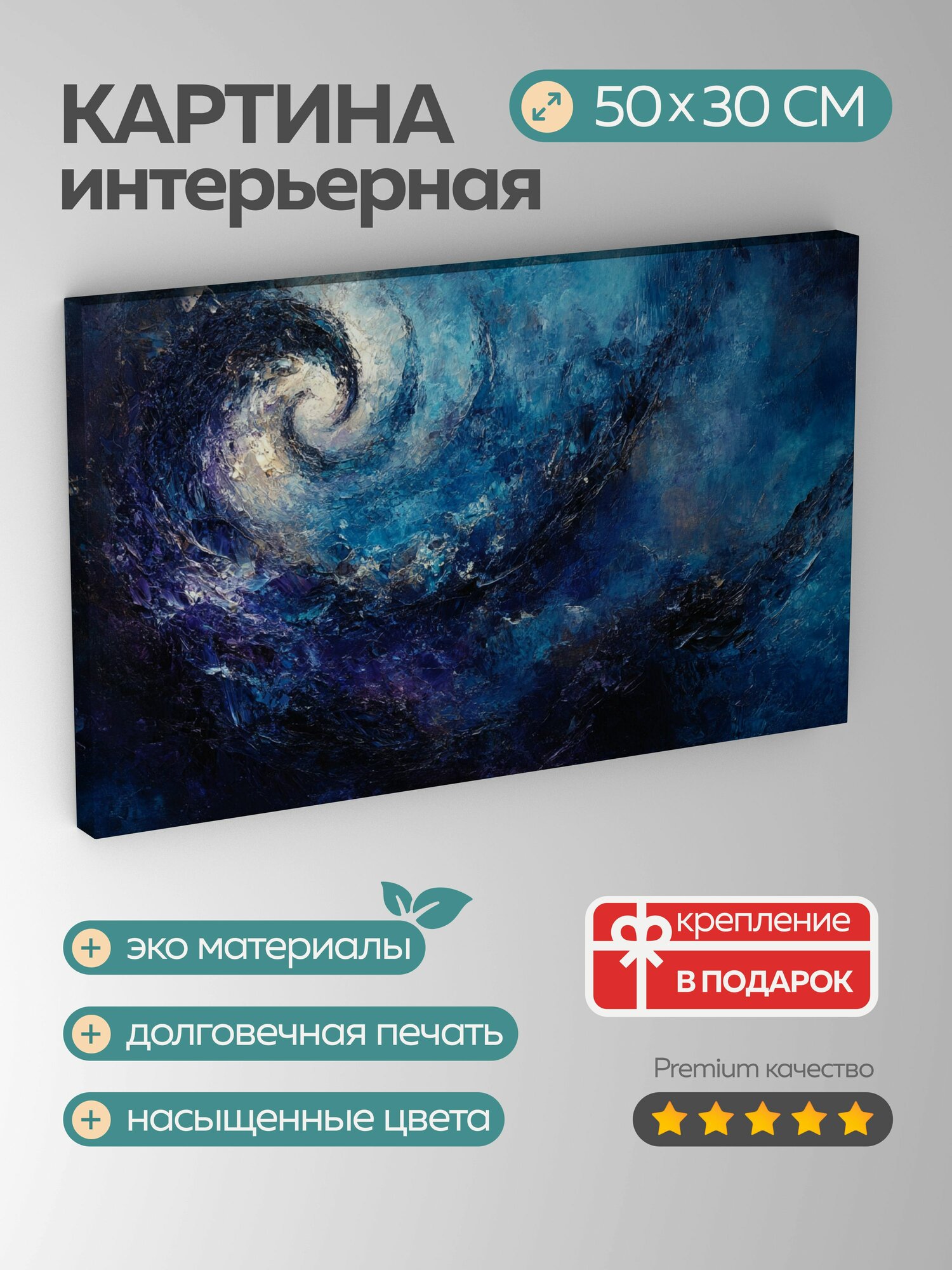 Картина на холсте интерьерная 50х30 см, масляная картина, знак зодиака Рыбы, текстурированный металлич, синие оттенки