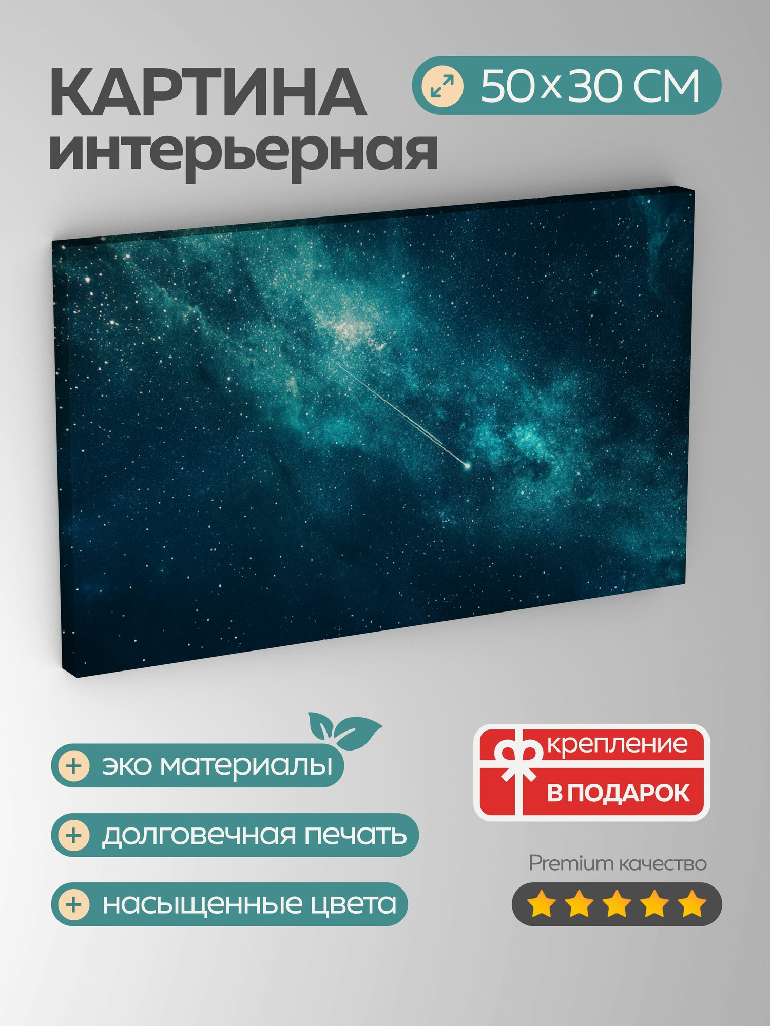 Картина на холсте интерьерная 50х30 см, метеоритный дождь, ночное небо, звездный свет, зеленый оттенок, синий оттенок