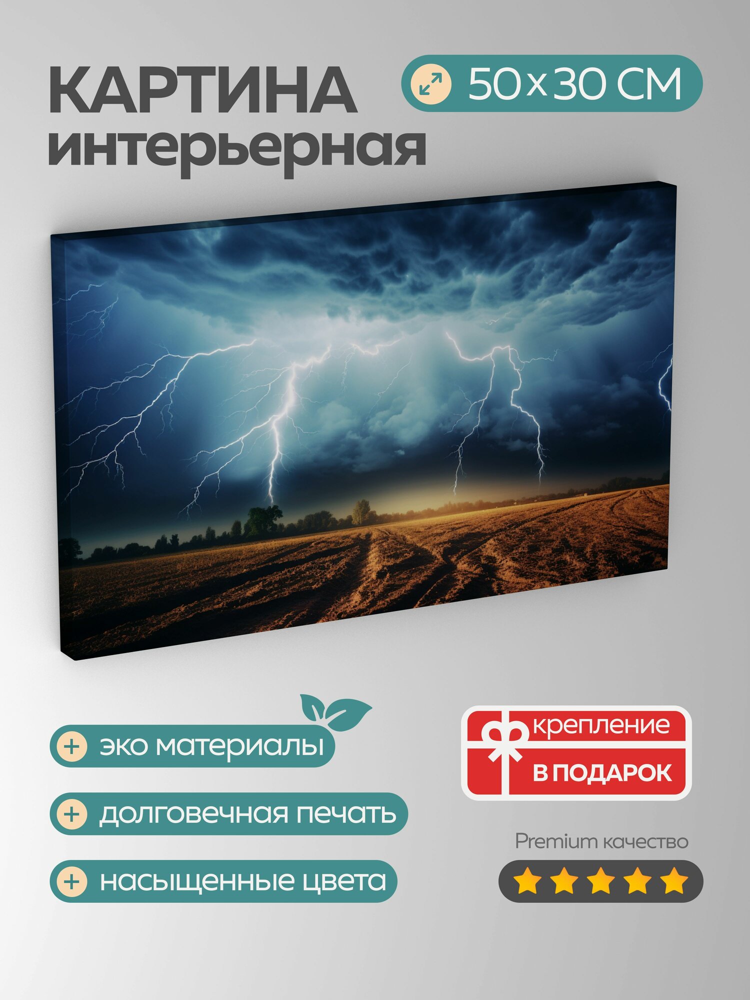 Картина на холсте интерьерная 50х30 см, фотография, гроза, ландшафт, энергия Земли, молнии, темное небо, видео