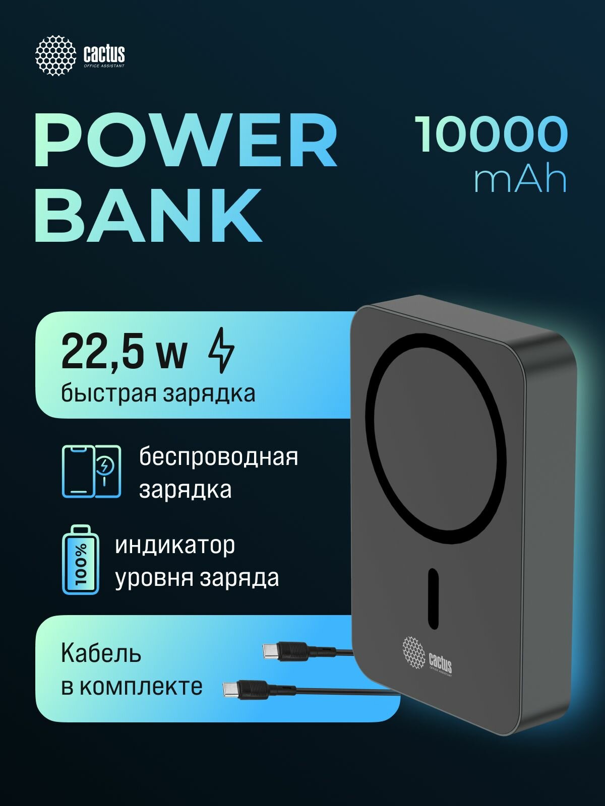 Внешний аккумулятор, повербанк 10000mAh Cactus CS-PBFSTA-10000 22.5W 4.5A USB-C беспров. зар. серый