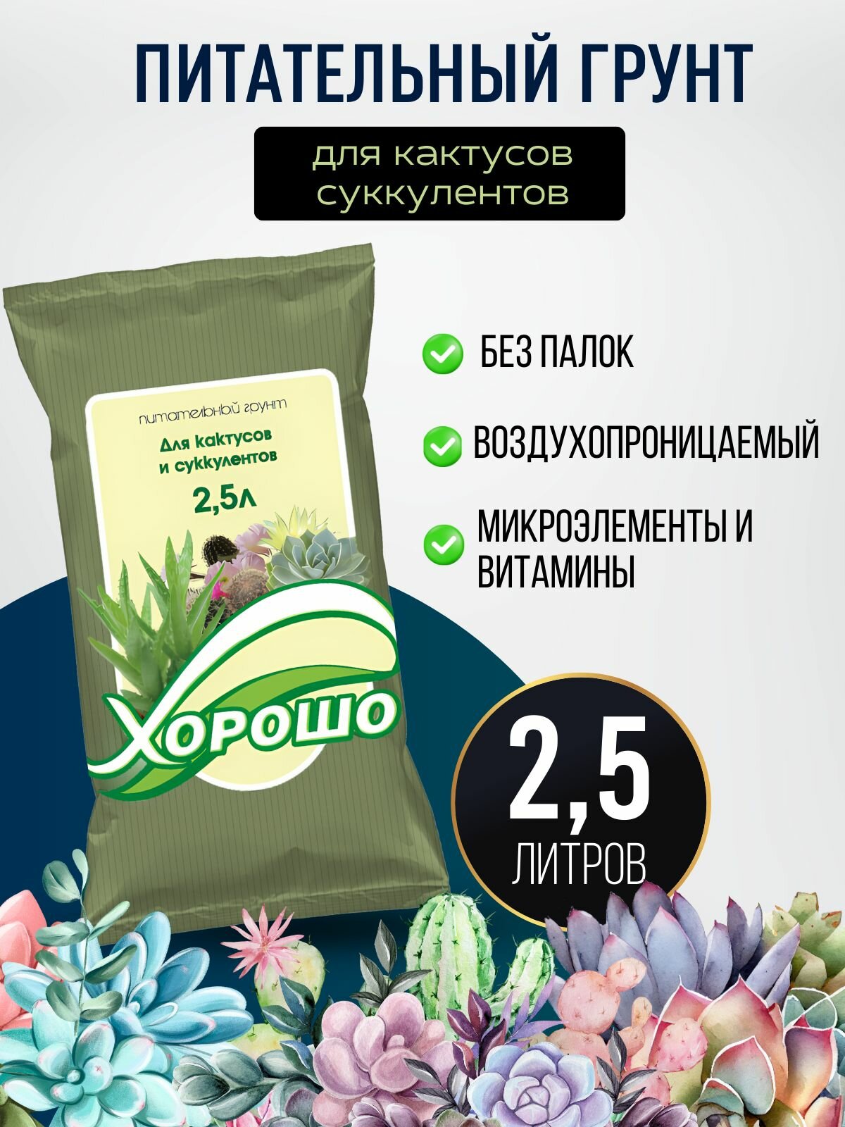 Грунт для Суккулентов и Кактусов "Хорошо", готовый субстрат для Алоэ, Каланхоэ, суккулентных растений 2,5 л.
