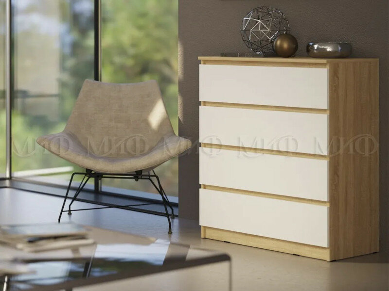 Комод высокий Миф Челси 800 белый глянец/ дуб , 4 ящика, размер ( ШхВхГ) 802х994х450