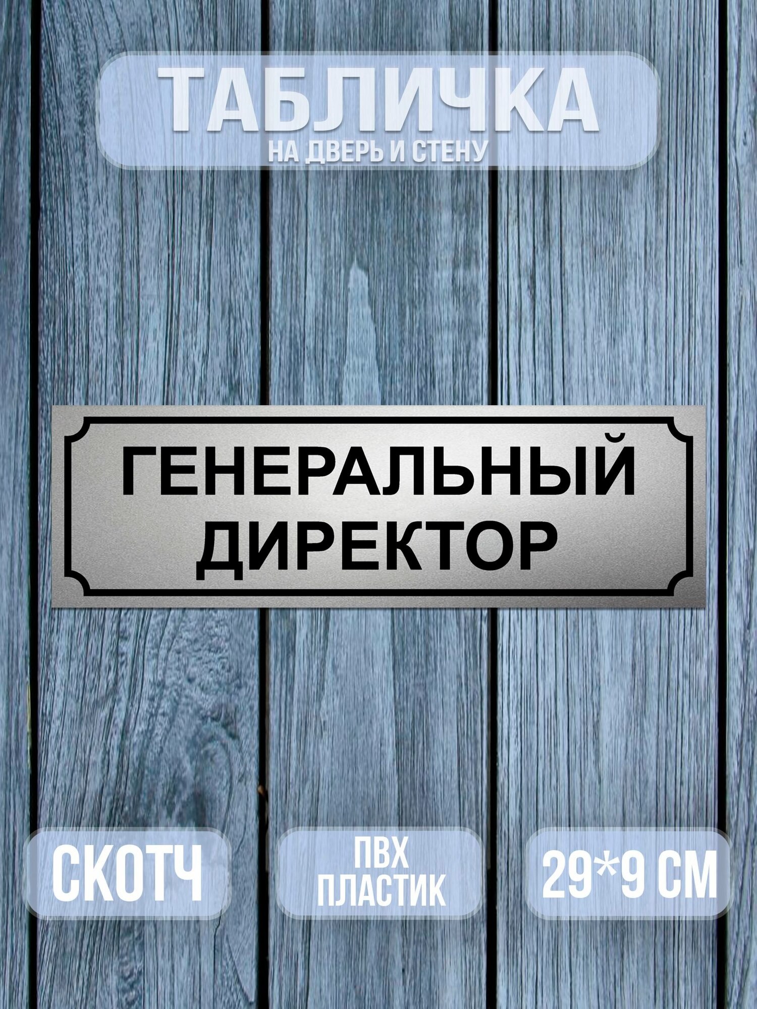 Табличка на дверь, Генеральный директор, ПВХ пластик 3 мм. 9х29 см. Цвет матовое серебро.