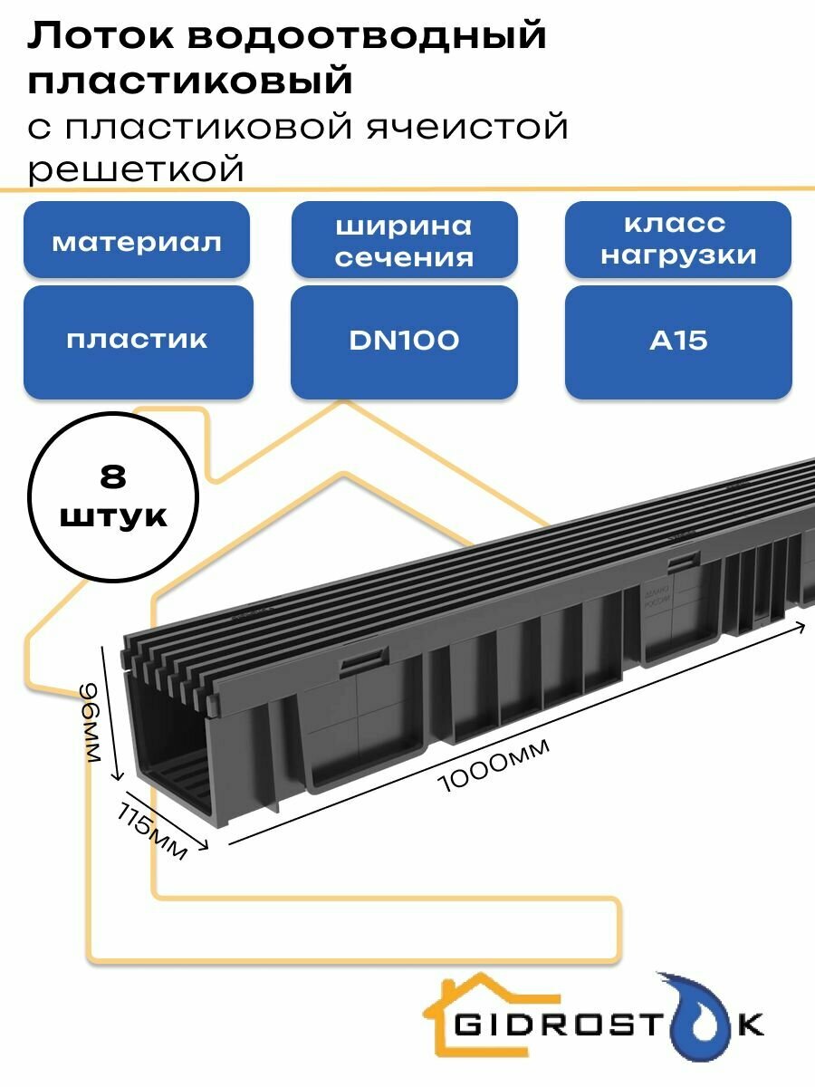 Лоток водоотводный пластиковый Gidrolica Light с пластиковой ячеистой решеткой DN100 1000мм x 115мм х 96мм класс A15 (комплект 8 штук)