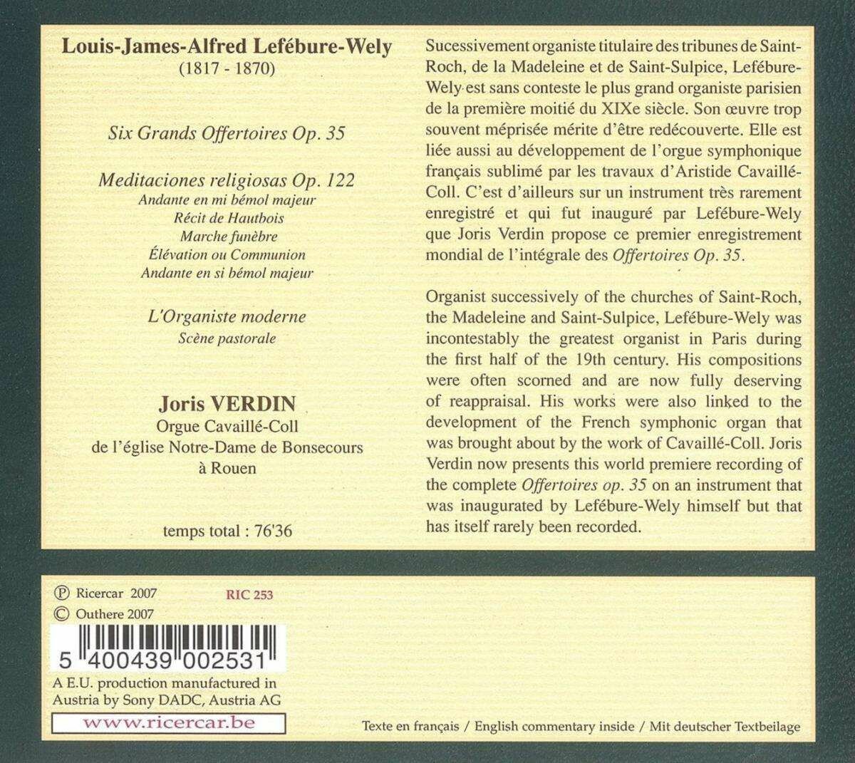 Диск Louis Lefebure-Wely (1817-1870) - 6 Grands Offertoires op.35 (1 CD) — фото 1