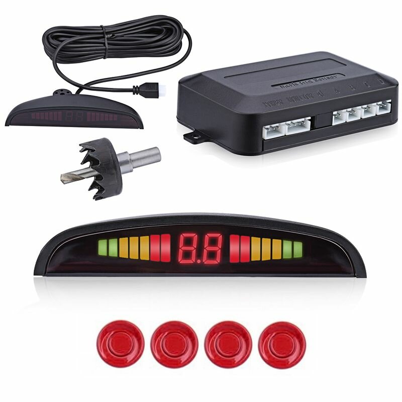 Парковочный радар, датчики парковки на автомобиль с дисплеем, 4 датчика, 12 B, Красный