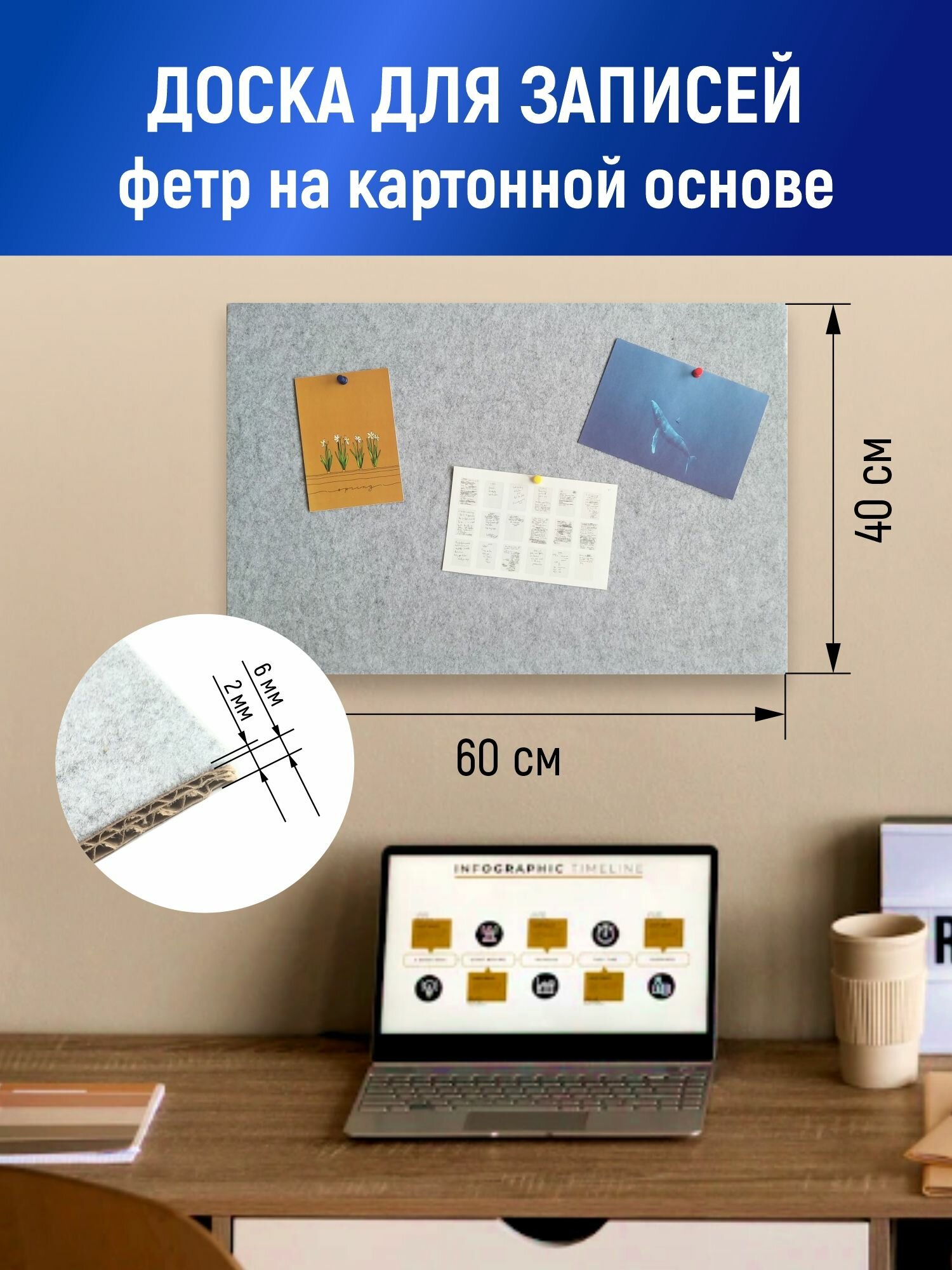 Пробковая доска для заметок, информации и фотографий, без рамы, 60*40 см из фетра серая, толщина 8 мм, Stendplus, информационный настенный стенд органайзер