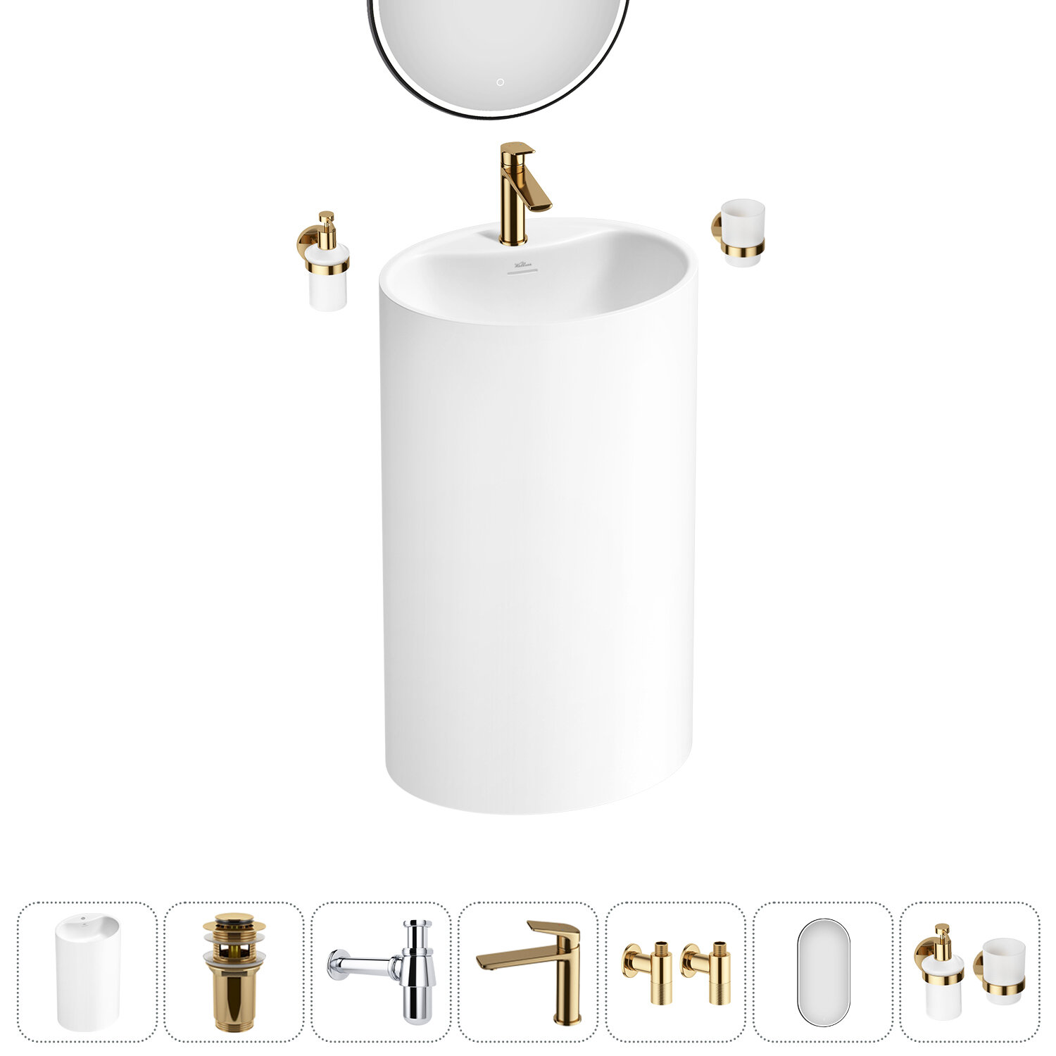 Овальная напольная раковина для ванной Wellsee Coquillage 20220139R в наборе 7 в 1: напольная отдельностоящая раковина моноблок в цвете матовый белый, донный клапан, сифон, смеситель, вентили, зеркало, аксессуары (цвет золото)