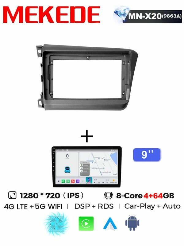 Магнитола 9" Mekede MN X20 Pro 4/64 Gb Honda Civic 9 FB FK FD 2011-2015 carplay