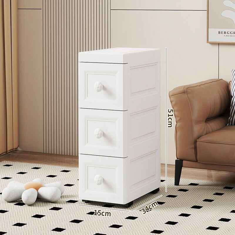 Узкий шкаф C369, белый, на колесах, с ящиками, классический стиль, пластик