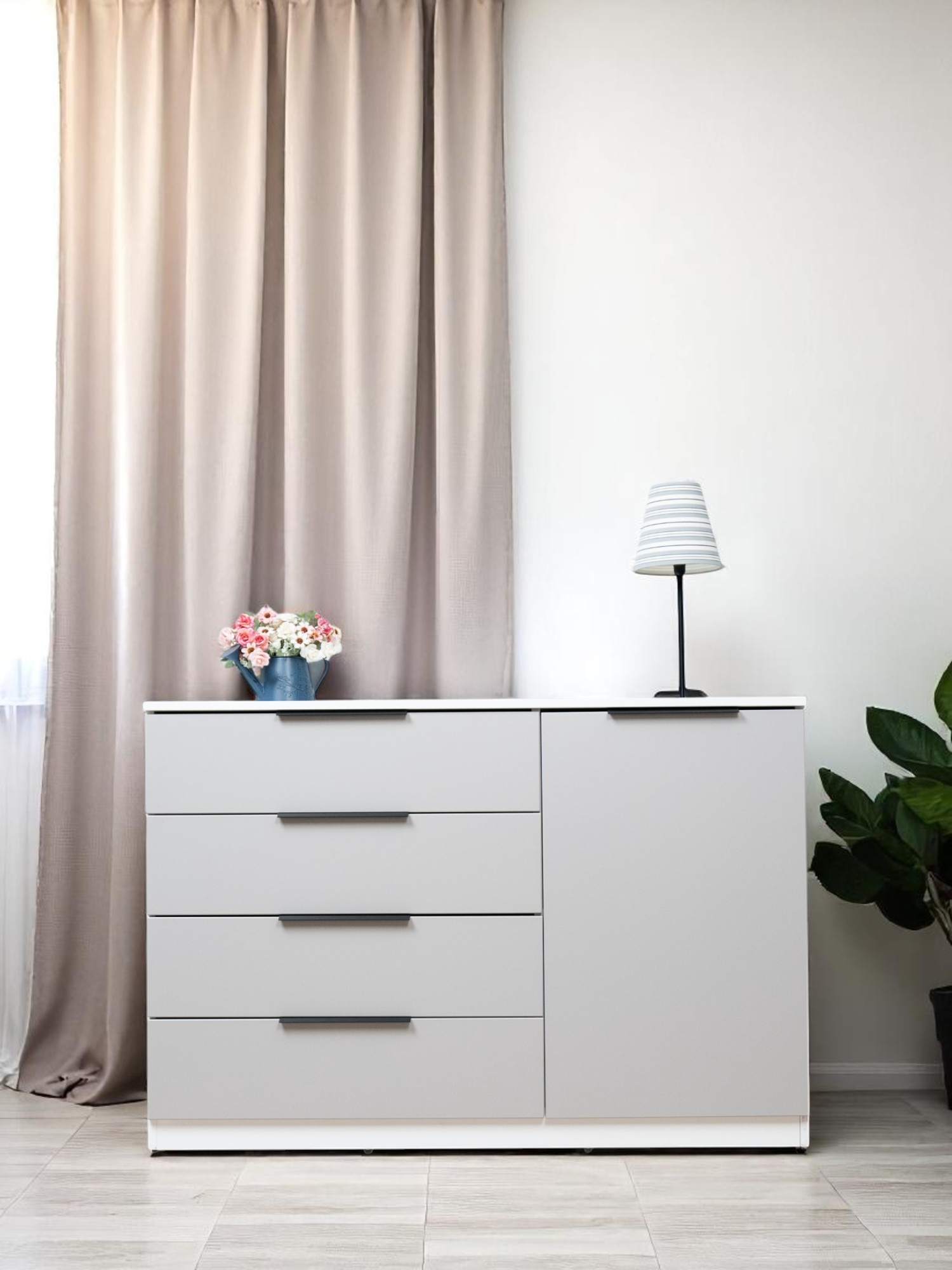 Комод для вещей деревянный 125 см Комод белый с серым фасадом