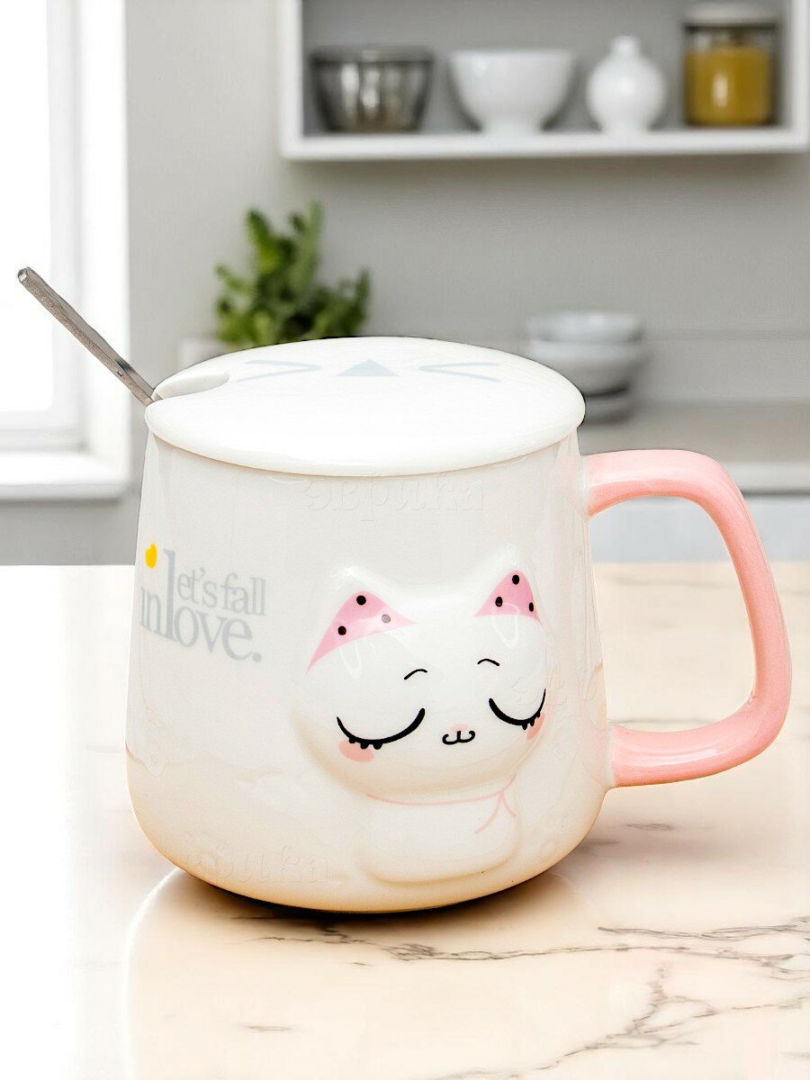 Кружка для чая Котики милые глазки Аниме (N 1) 420 мл детская, женская, подарочная, чашка с крышкой и ложкой
