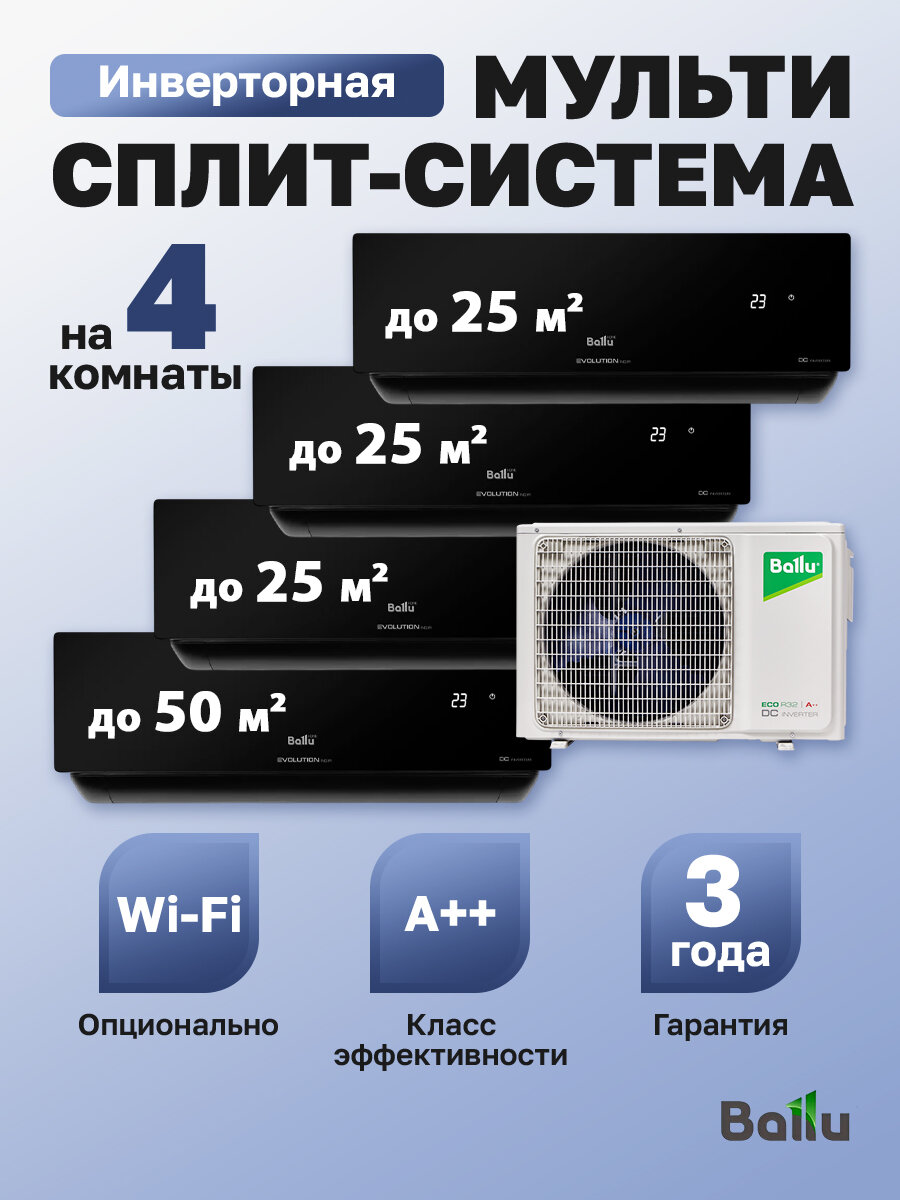 Mульти сплит-система на 4 комнаты 25+25+25+50м2 инвертор Ballu Free Match BA4OI-FM-36HN8/EU + 3 BSUI-FM-09HN8/EU_BL + BSUI-FM-18HN8/EU_BL