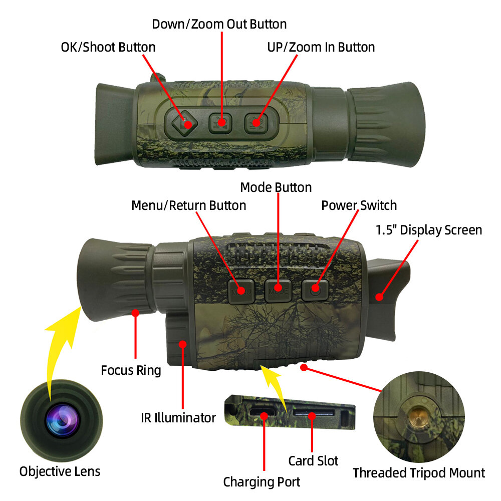 4K 36MP инфракрасный ночной монокуляр с 5-кратным цифровым зумом, съемка фото и видео для кемпинга и наблюдений