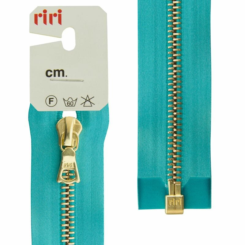 Молния riri Металлическая, Gold, разъемная, 1 замок, на атласной тесьме, 6 мм, 70 см, цвет 5859, Бирюзовый