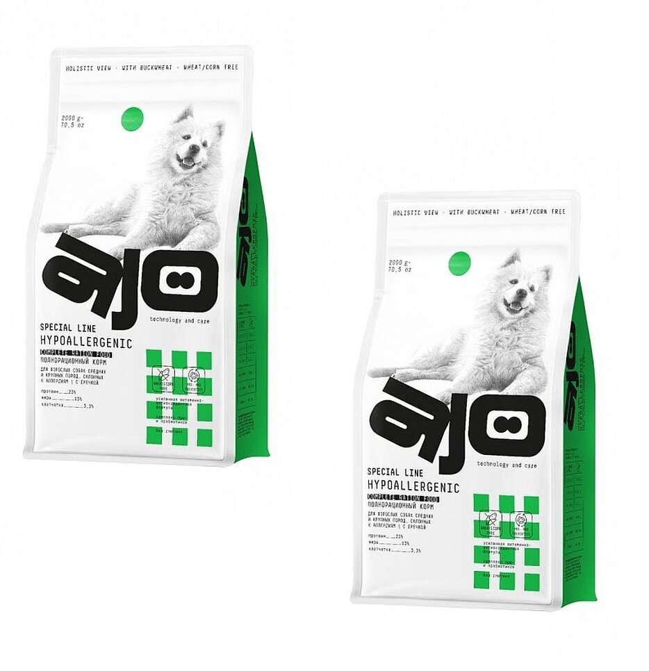 Сухой полнорационный корм AJO Dog Hypoallergenic для профилактики проявлений аллергии и нормали, 2кг 2шт