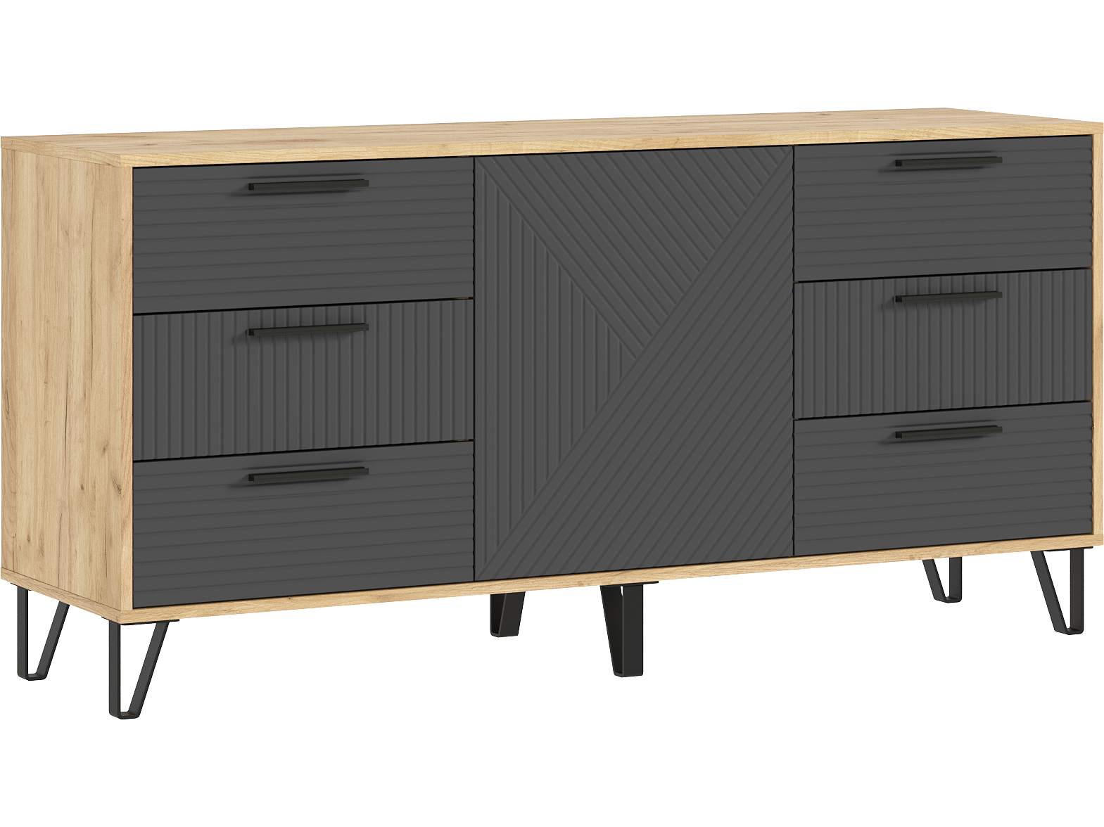 Комод 1500 в современном стиле, с фрезеровкой, браш графит/дуб крафт