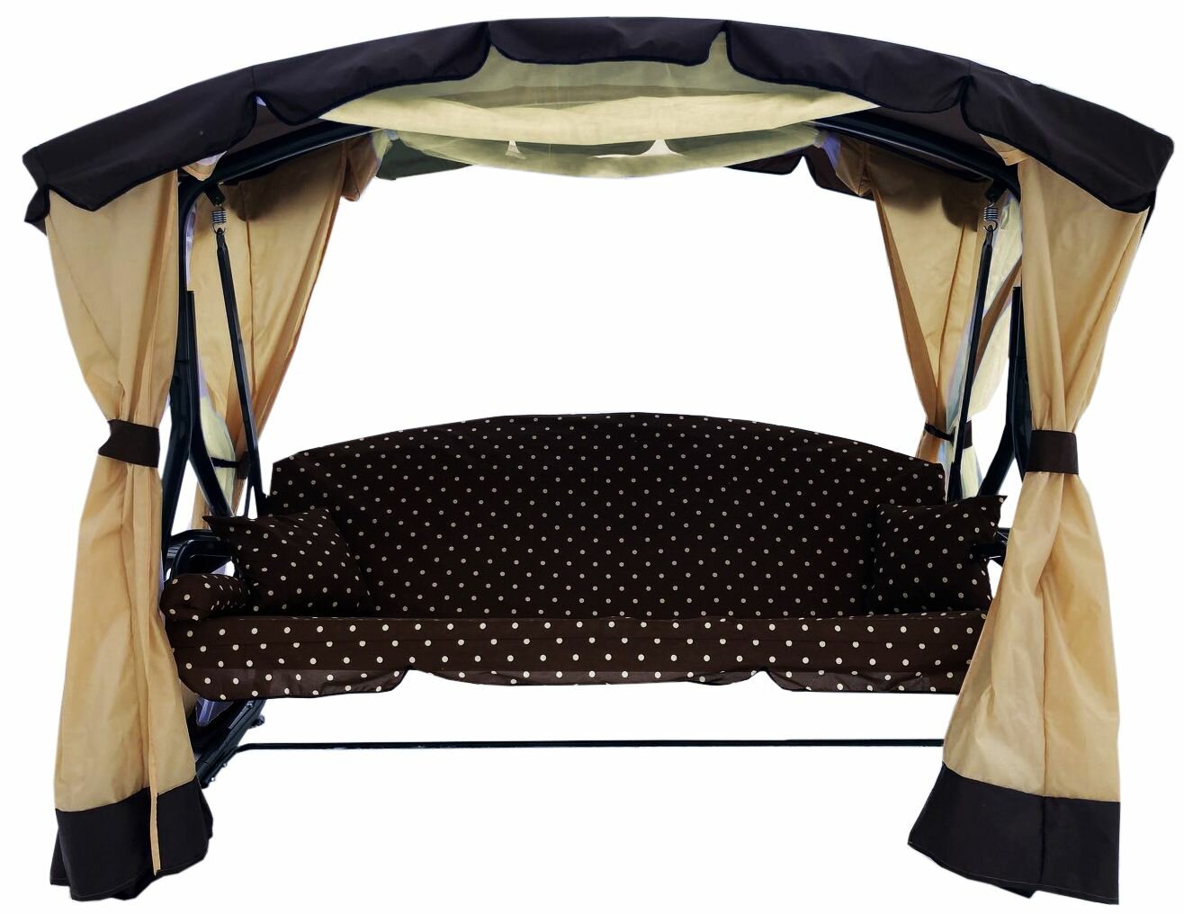 Качели садовые 4-х местные Мебельторг Сахара Каркас коричневый/Коричневый рис. горошек