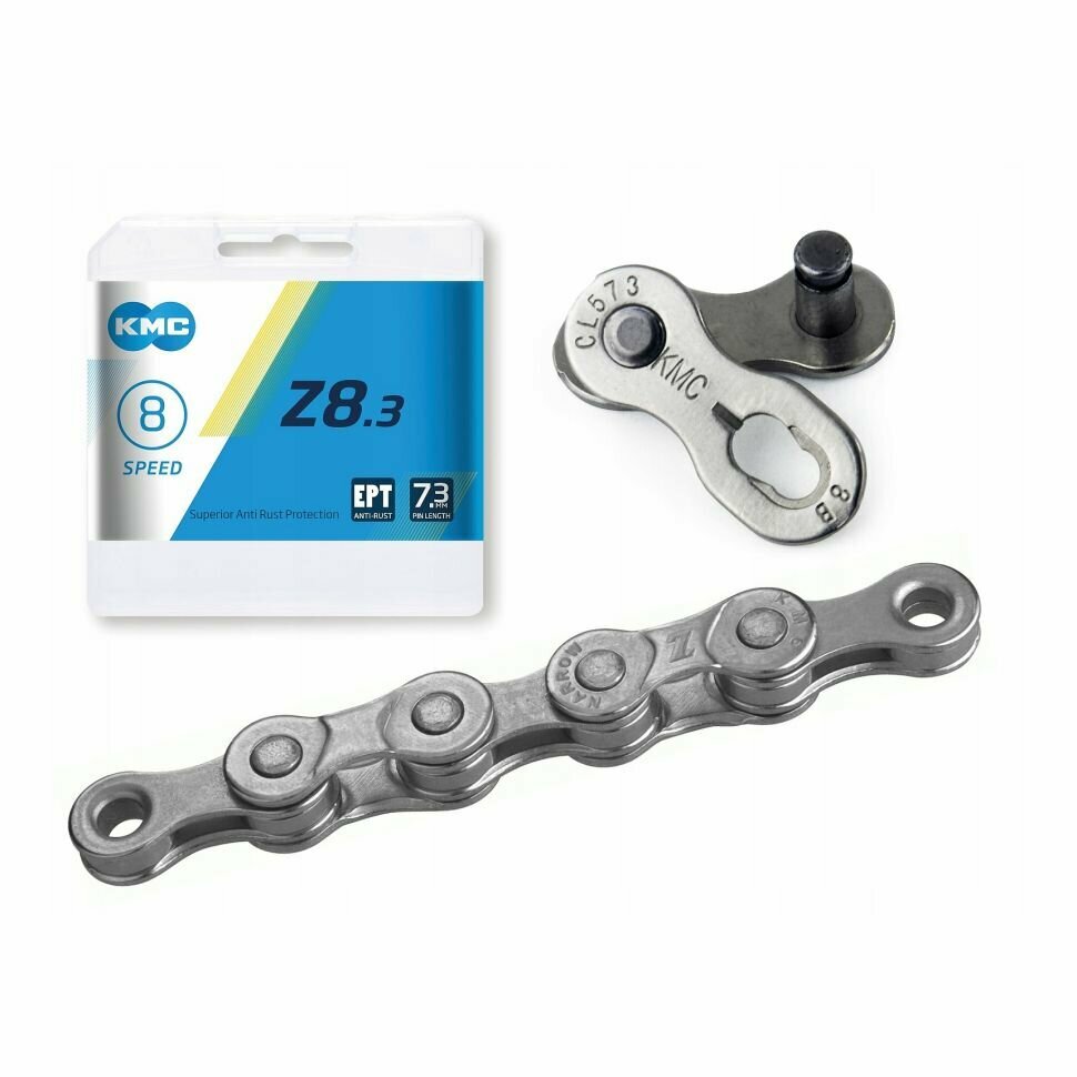 Цепь велосипедная KMC Z8.3, 7/8 (21/24) скоростей, 116 звеньев, 1/2"x3/32", серая. Тайвань