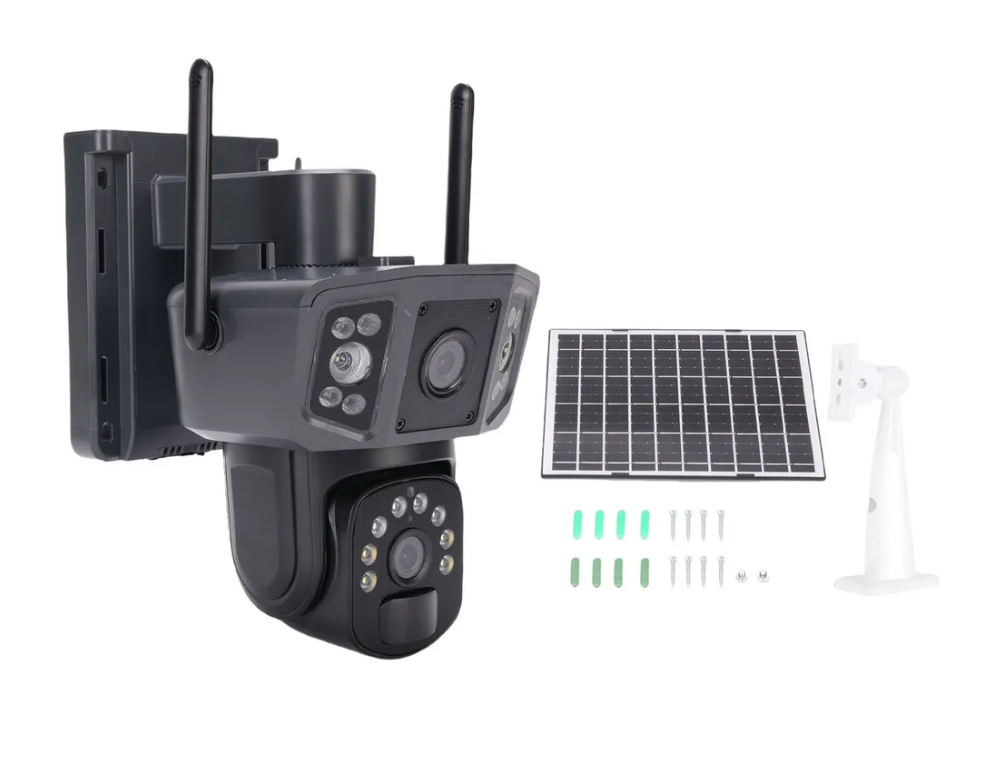 Солнечная камера безопасности, Wi-Fi, PIR, двойной объектив, 360 градусов