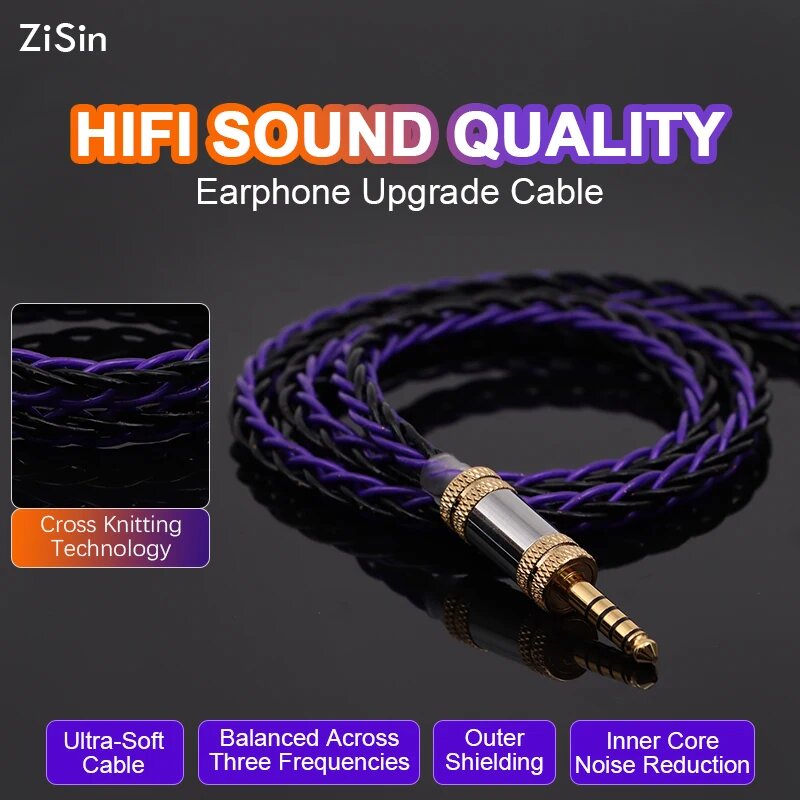 Кабель для наушников ZiSin-21 8-ядерный 4.4mm, 0.78 2PIN