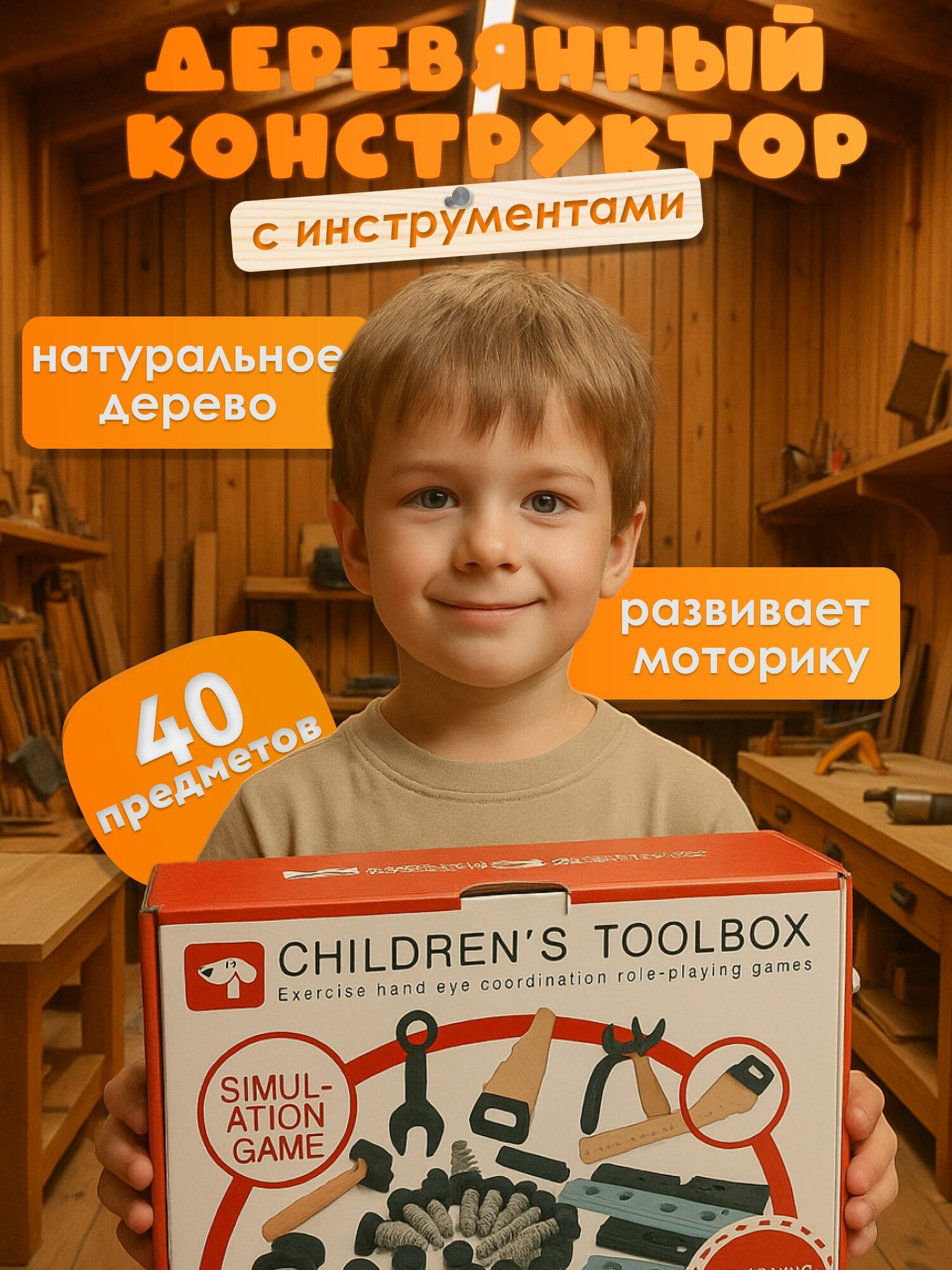 Деревянный конструктор с детскими инструментами развивающая игра для мальчиков от 2 лет