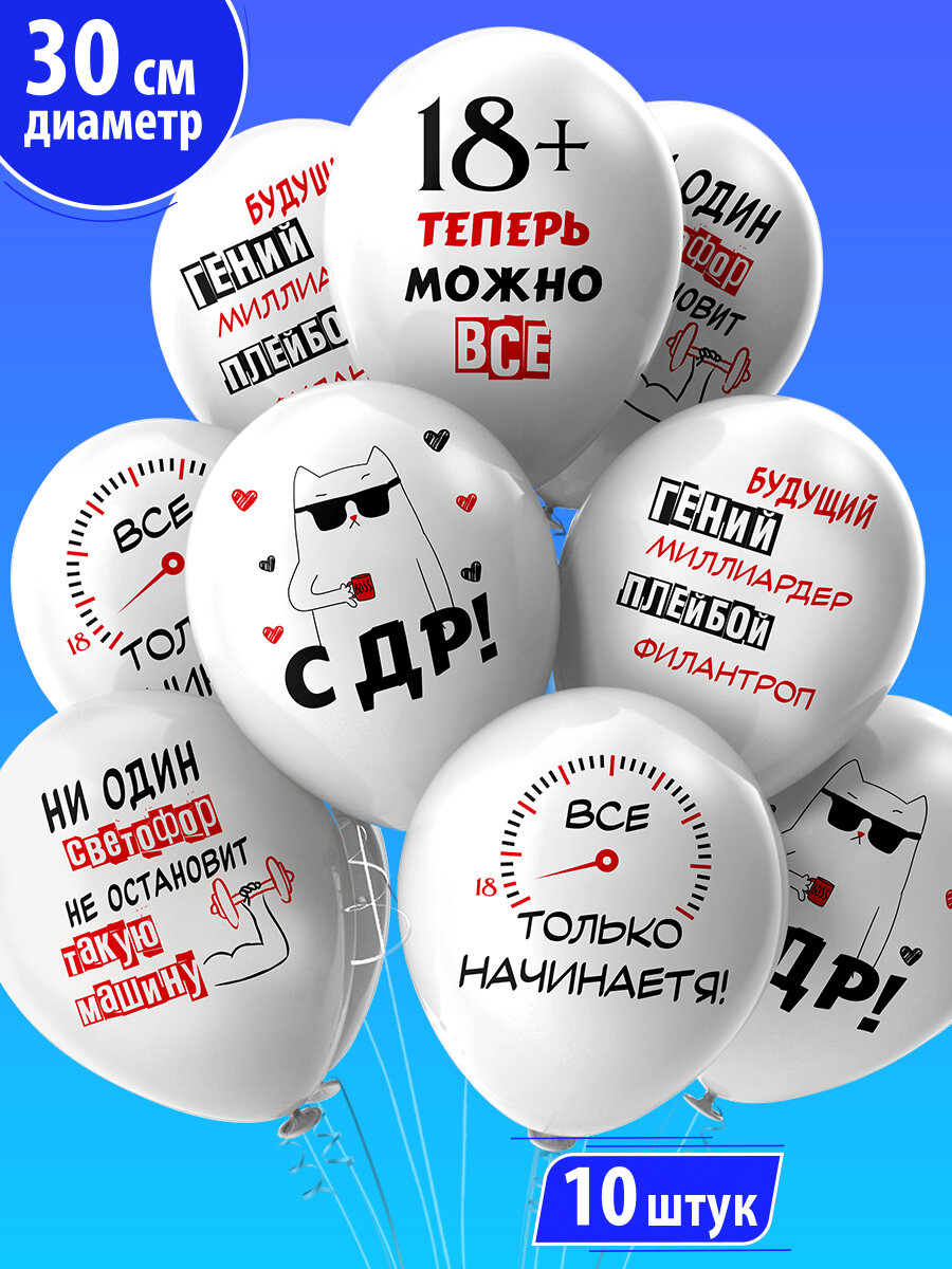 Воздушные шары с приколами для парня, сына, друга "С Днем Рождения! 18 лет" 30 см набор 10 штук