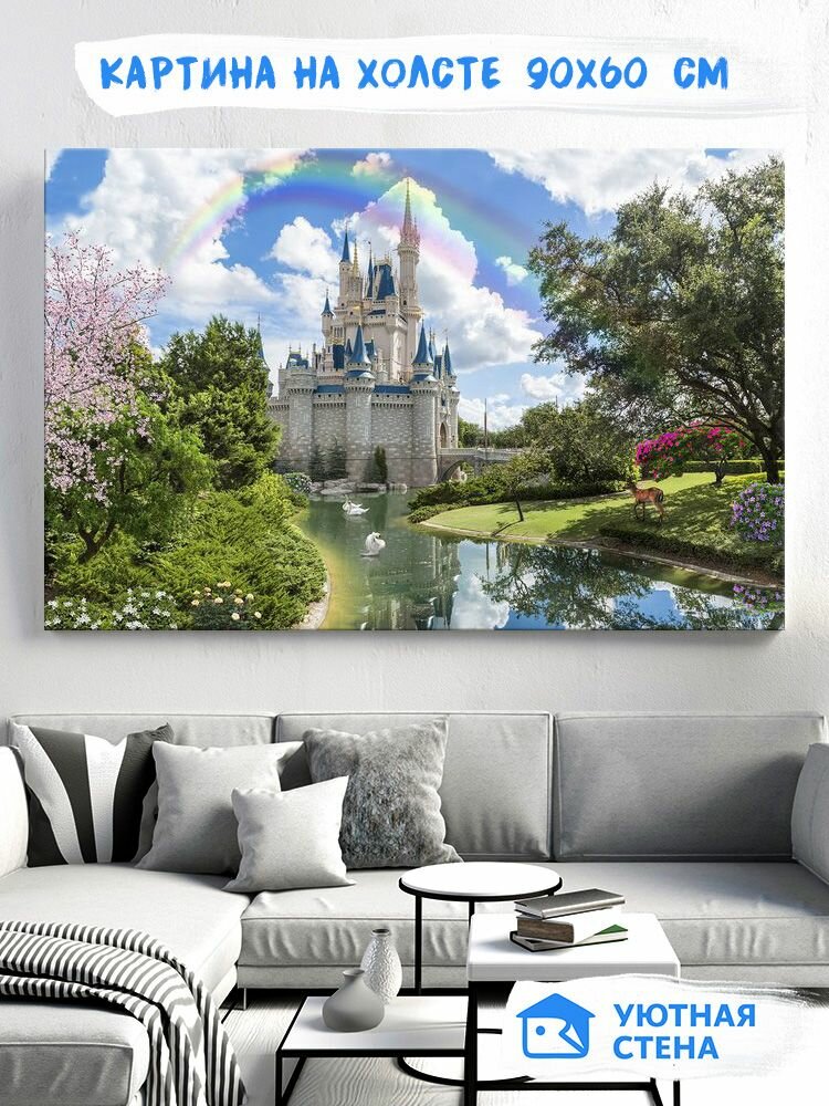 Картина на натуральном холсте Уютная стена "Замок в чудесном саду с лебедями" 90х60 см