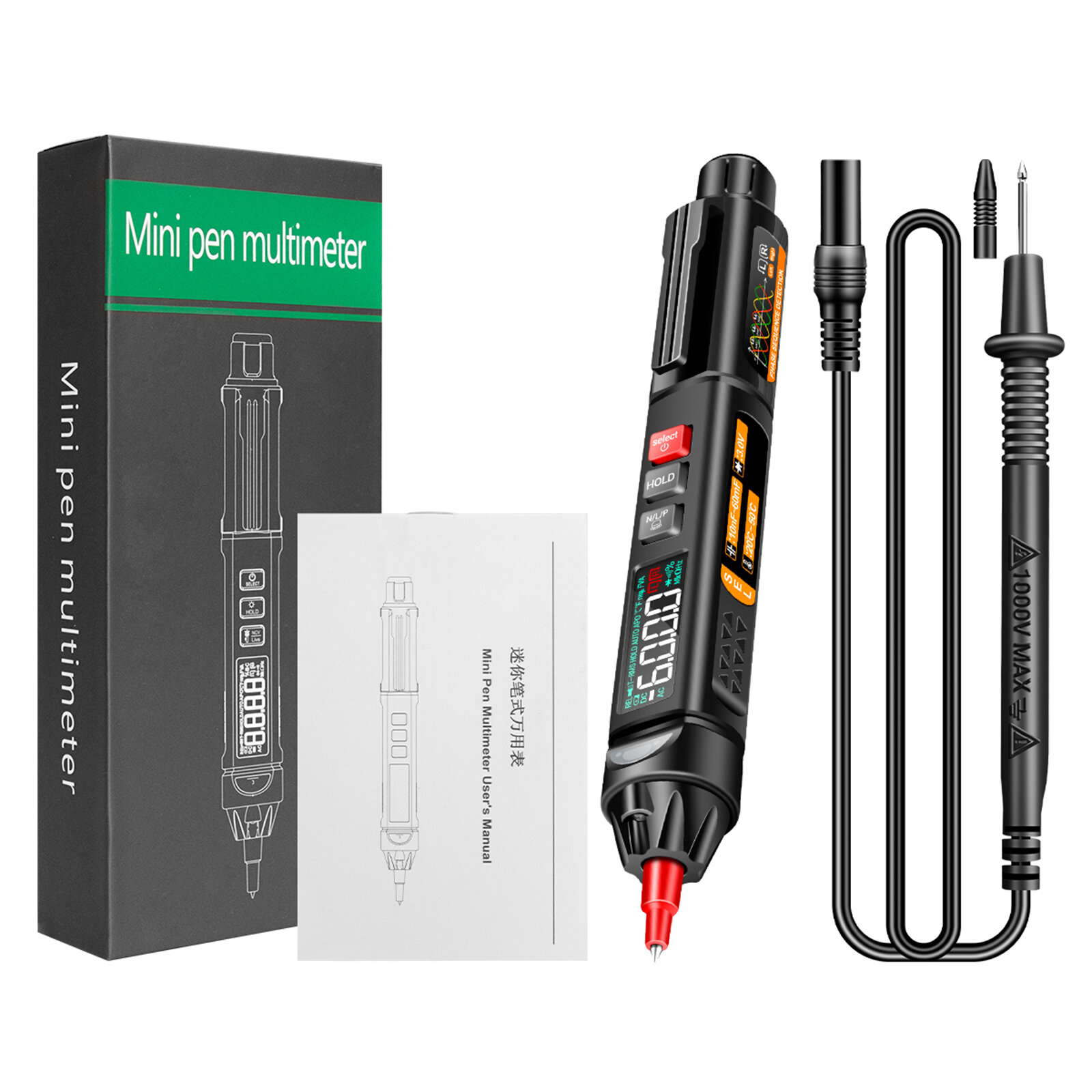 Мини-мультиметр ANENG A3009 с функцией голосового оповещения, вольтметром на 6000 отсчетов, ЖК-дисплеем, фонариком, тестером NCV для измерения напряжения, сопротивления, емкости, температуры, включения/выключения диода и последовательности фаз.