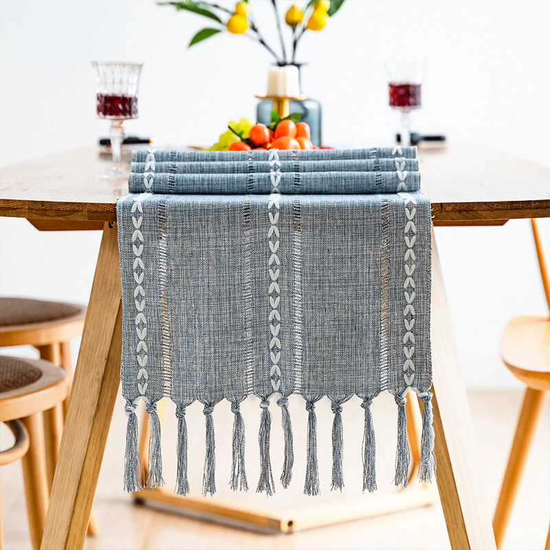 Retro Table Runner Элегантный ручной ткани хлопковой льняной обеденный стол бегун с кисточками для свадебного домашнего креста синий