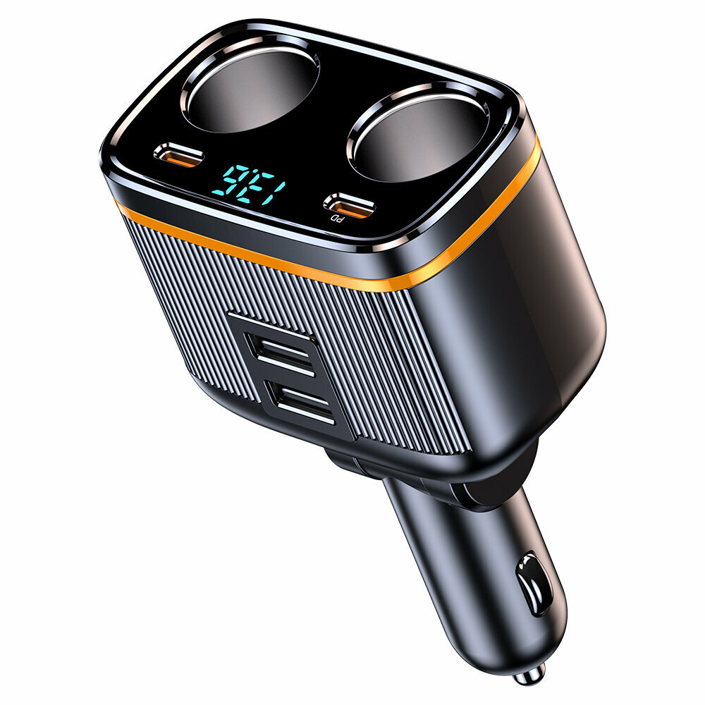 Car Chargers 145W High Power Charging Adapter 2-Socket Splitter 12-24V with PD45W+Type-C+2 USB Ports LED Voltage Display for Truck SUV